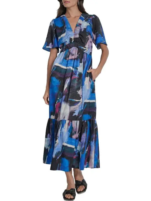 Dkny Print V-neck Maxi Dress - Blue Brush