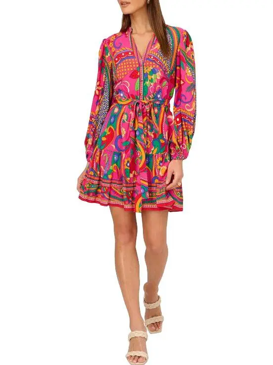 Adrianna Papell Printed Long Sleeve Dress - Pink Multi
