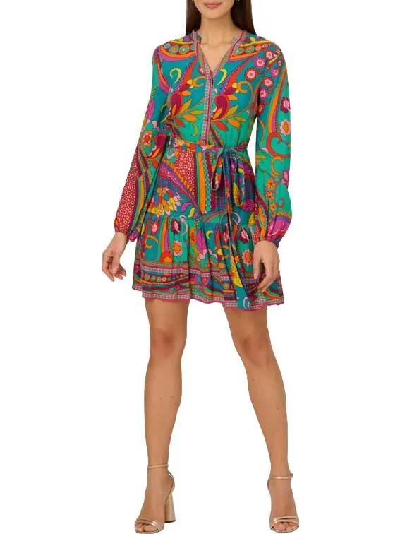Adrianna Papell Printed Long Sleeve Dress - Teal Multi