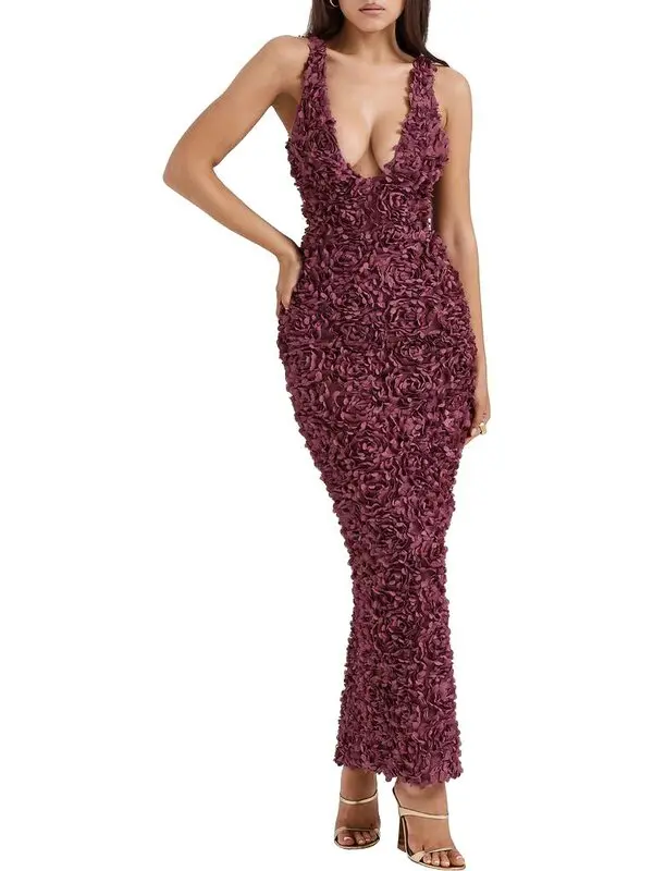 House Of Cb Carena Flower Appliqué Gown - Nocturne