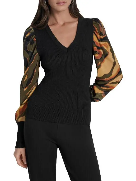 Dkny Rib Puff Shoulder Sweater - Black/ubran Tiger