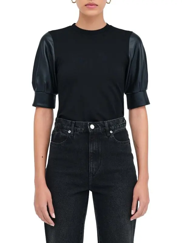 MARCELLA Trove Faux Leather Sleeve Top - Black
