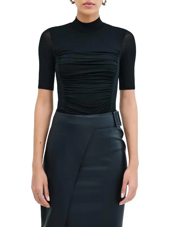 MARCELLA Logan Ruched Mock Neck Top - Black