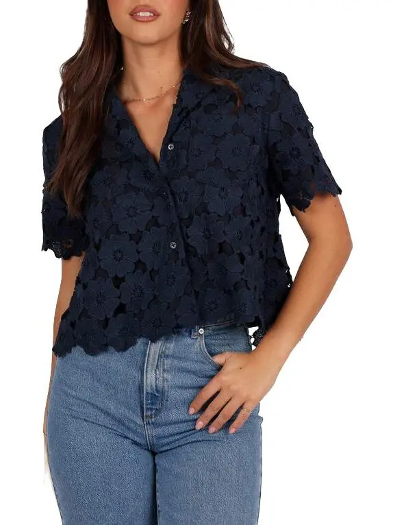 PETAL & PUP Floral Lace Camp Shirt - Navy