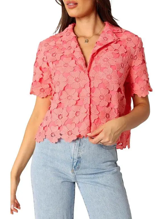 PETAL & PUP Floral Lace Camp Shirt - Watermelon
