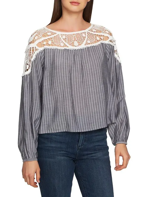 1.State Lace Yoke Pinstripe Blouse - Rich Black