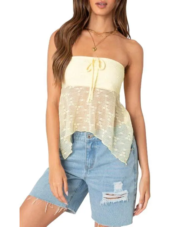 EDIKTED Embroidered Sheer Strapless Top - Yellow