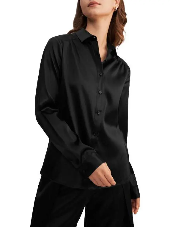 Lilysilk Long Sleeve Collared Silk Blouse - Black