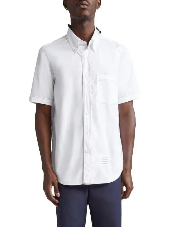 Thom Browne Straight Fit Short Sleeve Cotton Poplin Button-down Shirt - White
