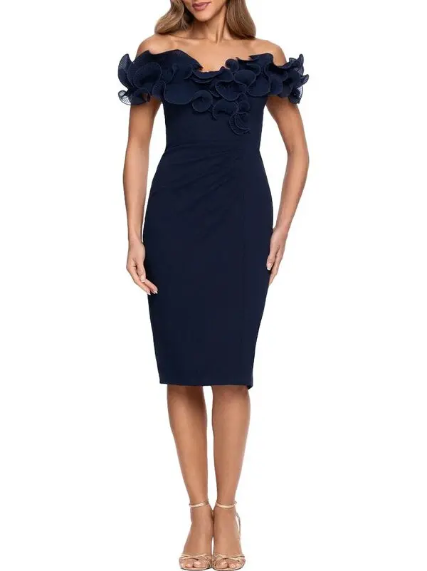 XSCAPE EVENINGS Wire Trim Off-the-shoulder Sheath Dress - Navy