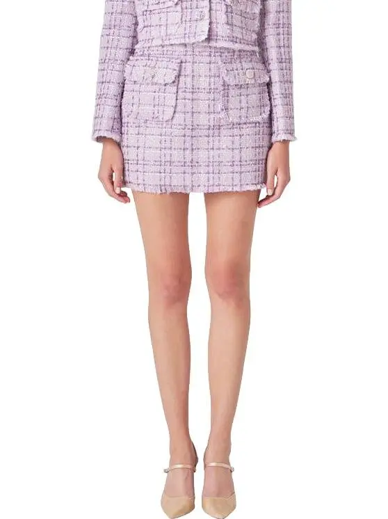 Endless Rose Tonal Check Bouclé Tweed Miniskirt - Purple