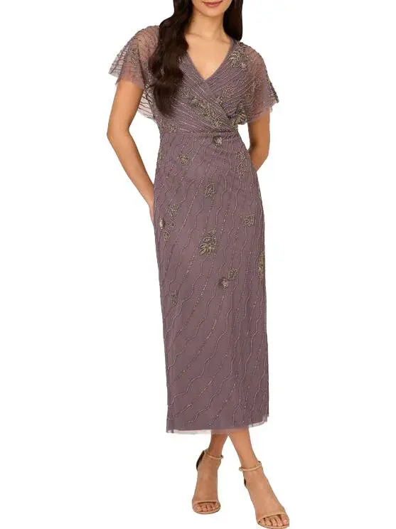 Adrianna Papell Beaded Flutter Sleeve Gown - Moonscape