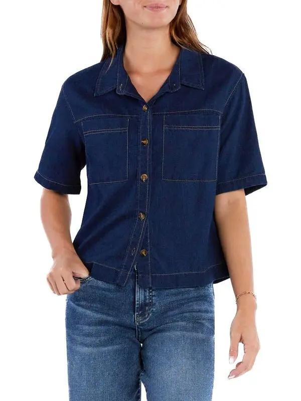 WASH LAB DENIM Boxy Short Sleeve Button-up Shirt - Dark Indigo