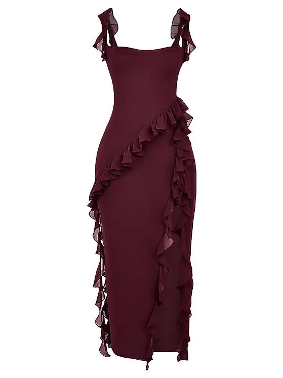 House Of Cb Ariela Ruffle-trim Woven Maxi Dress - Cherry