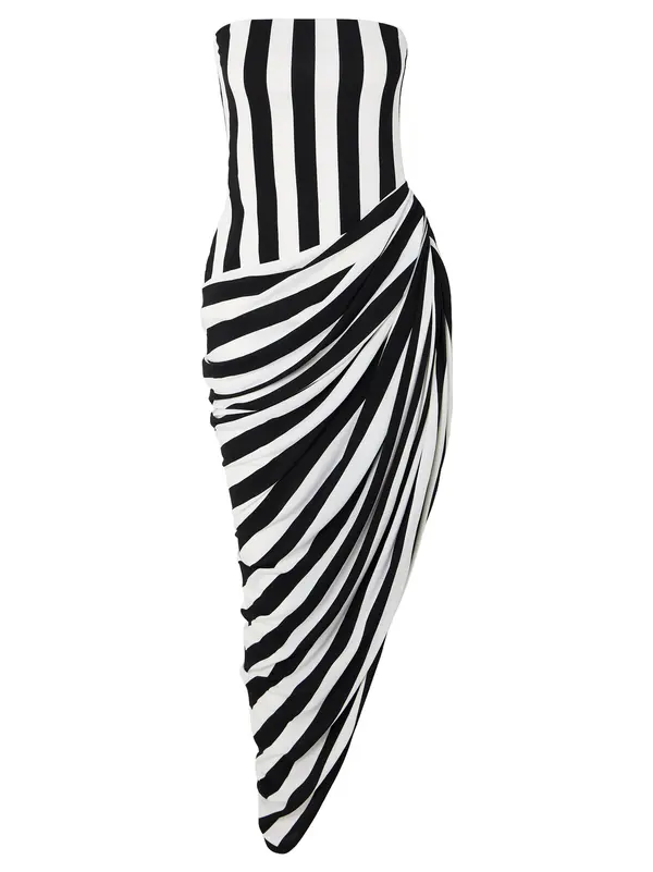 Balmain Strapless Asymmetric Draped Striped Jersey Gown - White