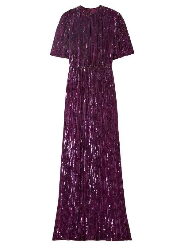 Jenny Packham Viola Bead-embellished Sequined Gown - Purple