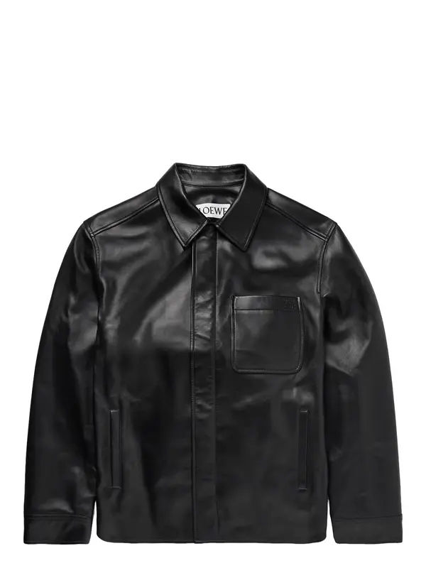 Loewe Logo-debossed Leather Overshirt - Black