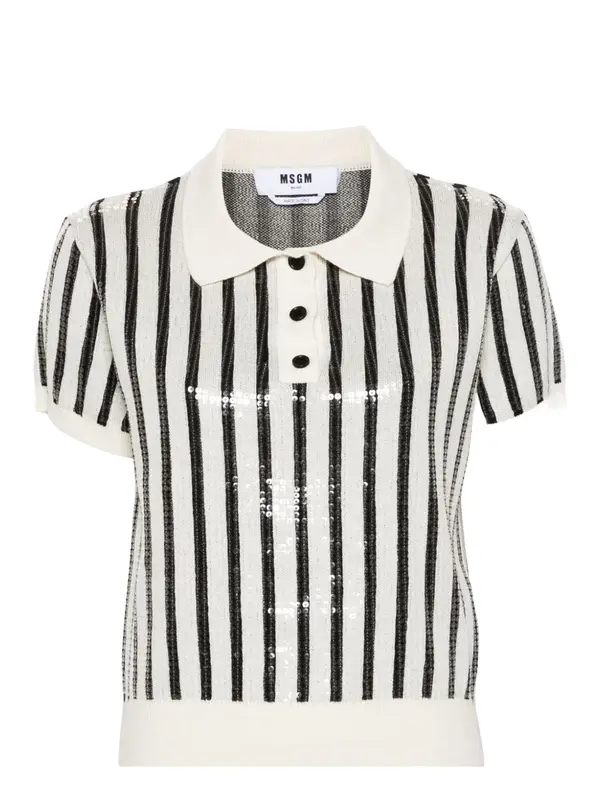 MSGM Sequin-embellished Striped Polo Jumper - White