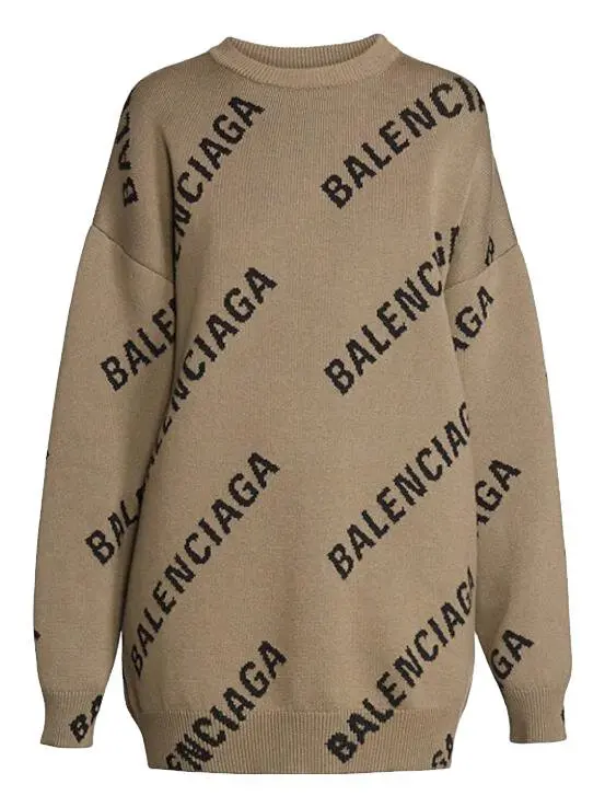 Balenciaga Logo Intarsia Oversized Crewneck Sweater - Light Brown