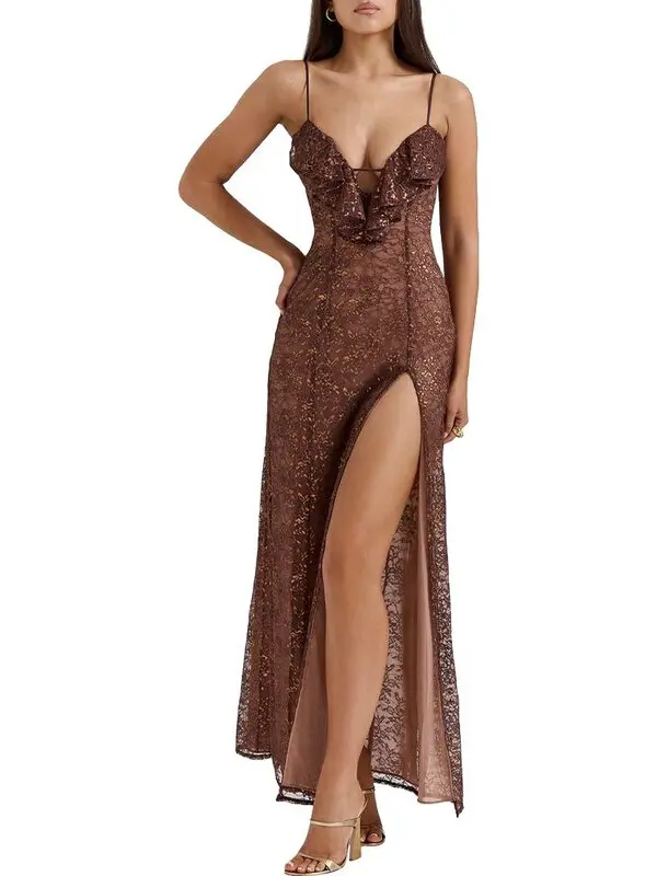 House Of Cb Lucianna Metallic Lace Gown - Peppercorn