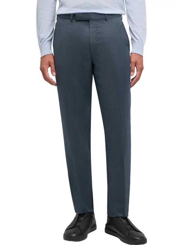Zegna Solid Trofeo Flat-front Trousers - Md Blu Sld