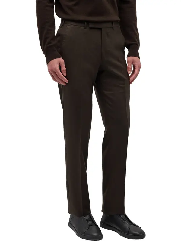 Zegna Solid Pure Wool Flat-front Trousers - Dk Brw Sld