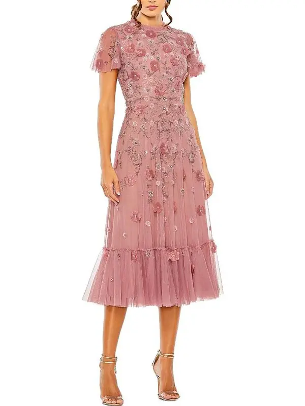 Mac Duggal Embellished High Neck Floral Applique A-line Dress - Berry