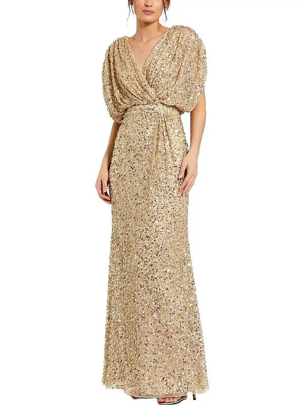 Mac Duggal Draped Sleeves V-neck Gown - Nude Gold