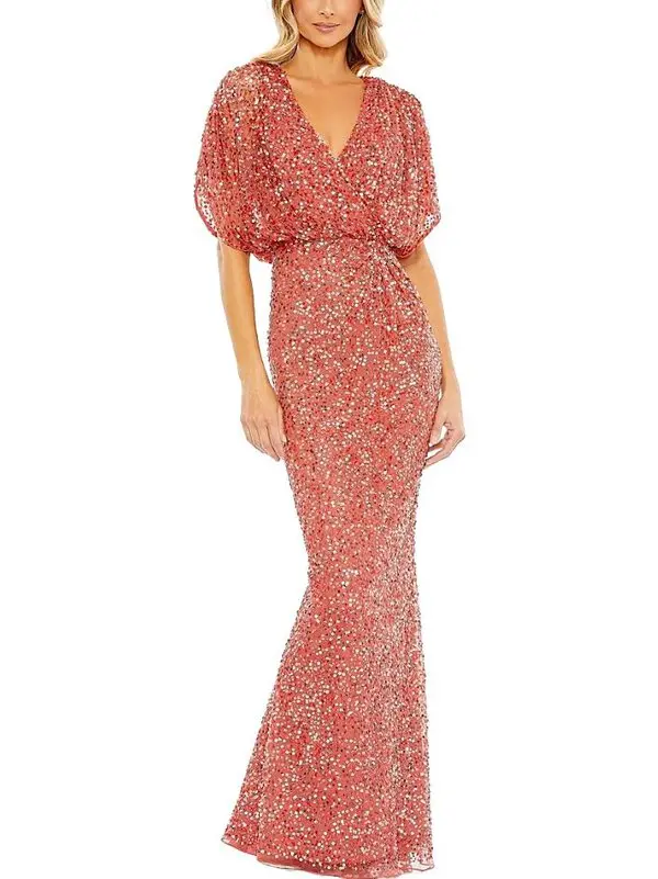 Mac Duggal Draped Sleeves V-neck Gown - Paprika