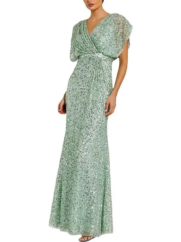 Mac Duggal Draped Sleeves V-neck Gown - Seafoam