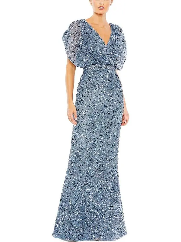 Mac Duggal Draped Sleeves V-neck Gown - Slate Blue