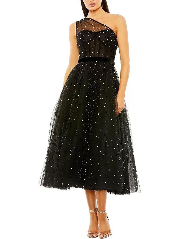 Mac Duggal One-shoulder Pearl Embellished Midi Ballgown - Black