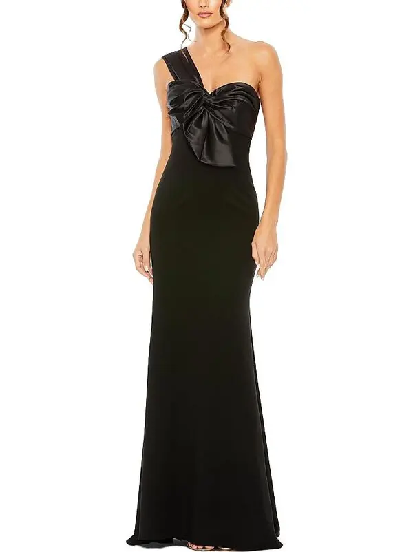 Mac Duggal One-shoulder Pleated Bow Bodice Detail Trumpet Gown - Black