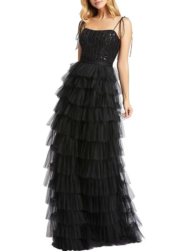 Mac Duggal Sequined Bustier Tiered Gown - Black