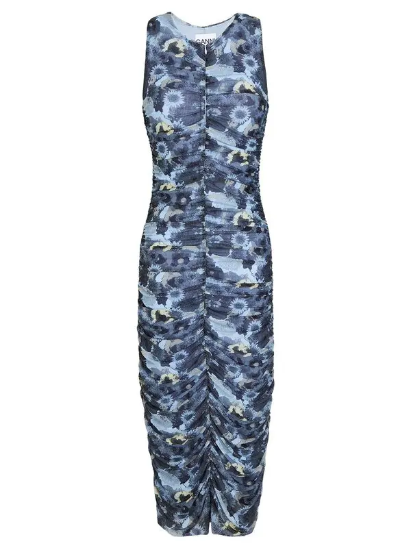 GANNI Ruched Floral-print Midi Dress - Light Blue
