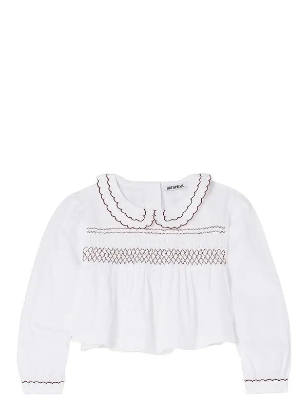 Batsheva Cropped Smocked Embroidered Cotton-poplin Blouse - White