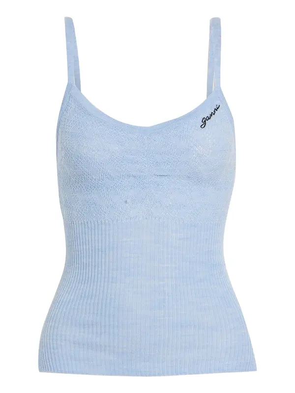 GANNI Embroidered Wool Blend Camisole - Sky Blue