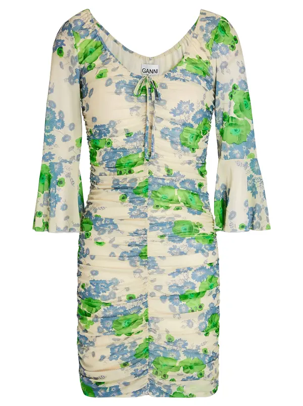 GANNI Floral-print Mesh Mini Dress - Green