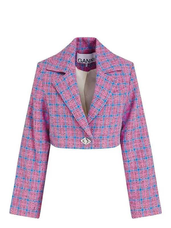 GANNI Cropped Checked Cotton-blend Tweed Blazer - Bubblegum