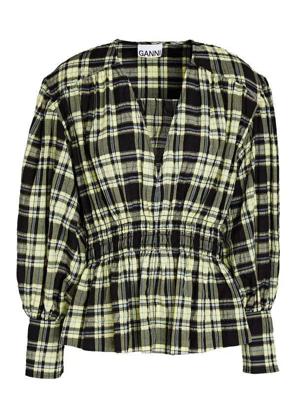 GANNI Checked Cotton-blend Seersucker Blouse - Black