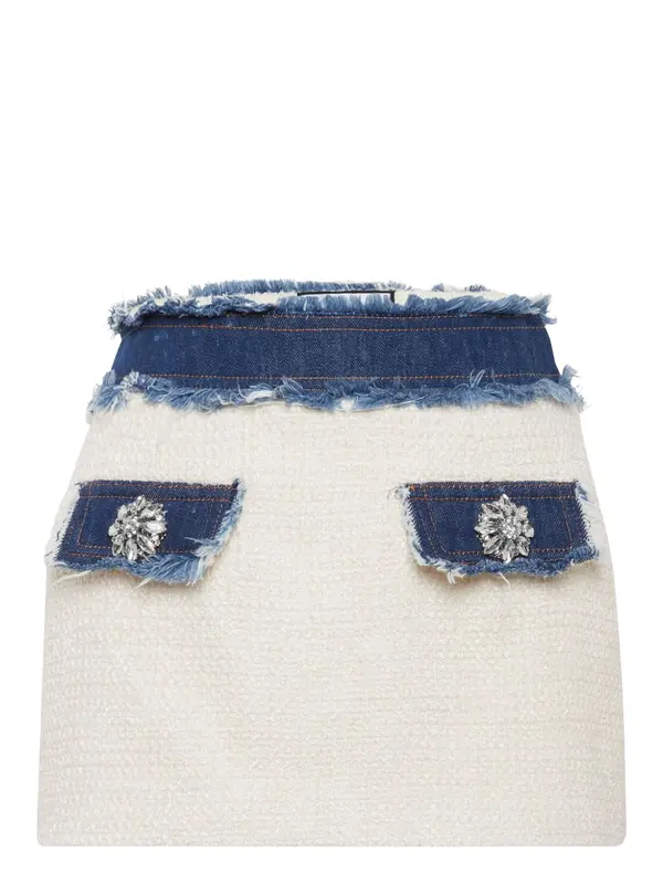 Philipp Plein Denim-trimmed Tweed Miniskirt - White
