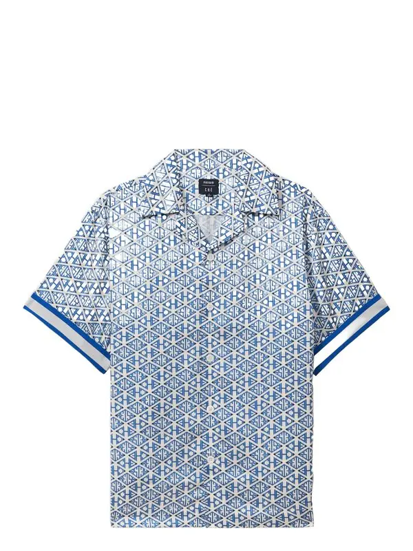 REISS Idra | Ché Monogram Print Cuff Detail Cuban Collar Shirt - Bright Blue/white