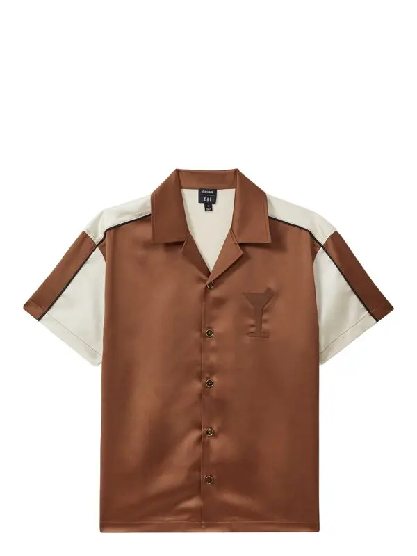 REISS Noto Ché Satin Effect Colourblock Cuban Collar Shirt - Tobacco/ecru