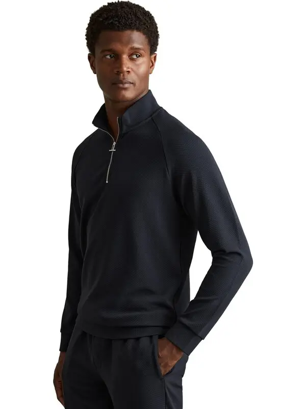 REISS Textured Half-zip Funnel-neck Sweatshirt - Navy