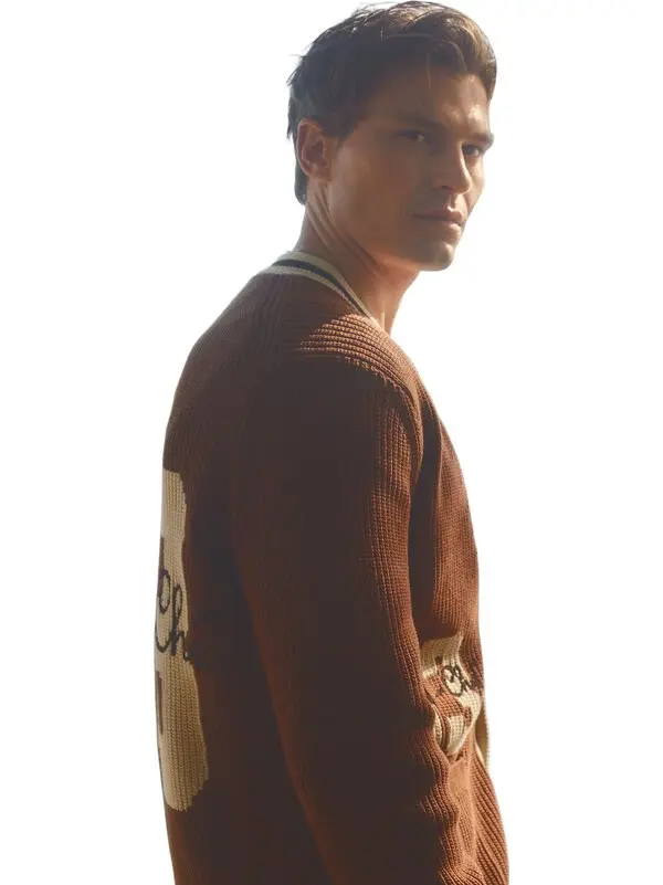 REISS Ché Embroidered Varsity Cardigan - Tobacco Brown