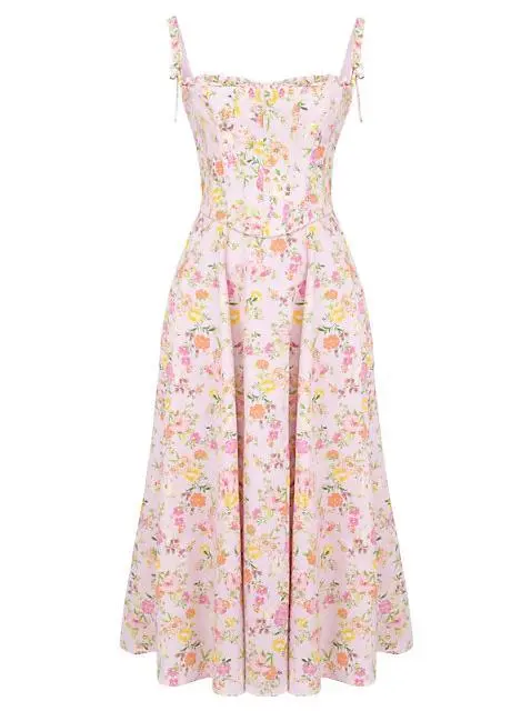 House Of Cb Clarabelle Corseted Floral-print Midi Dress - Pink Meadow Print