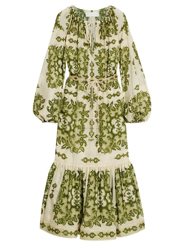 Zimmermann Gathered Printed Silk-chiffon Midi Dress - Forest Green