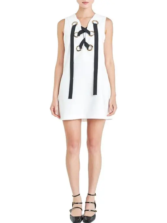 English Factory Grommet Tie Mini Dress - Off White/black