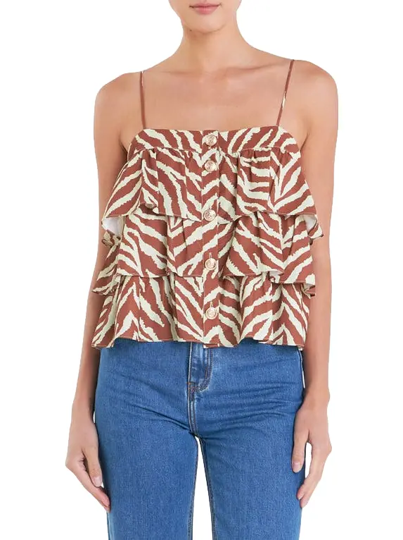 English Factory Zebra Print Tiered Camisole - Brown Multi