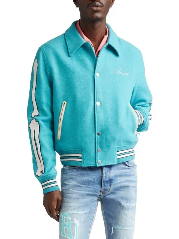 Amiri Bones Wool-blend Varsity Jacket - Sea Blue